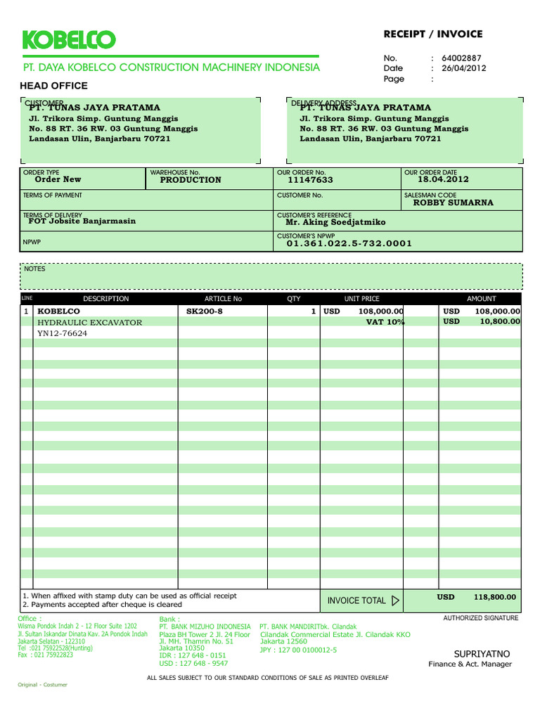 Invoice Kobelco Tunas Jaya | PDF | Legal Liability | Receipt