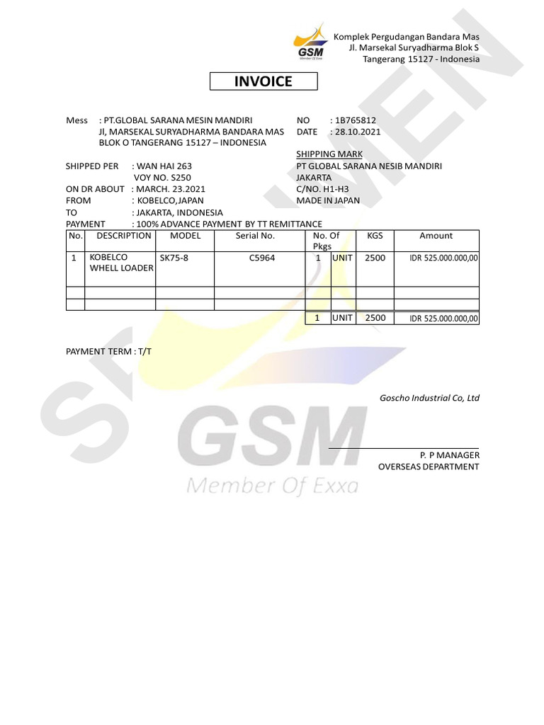 GSM 1-INVOICE IMPORTIR Kobelco SK75-8 | PDF | Payments | Marketing
