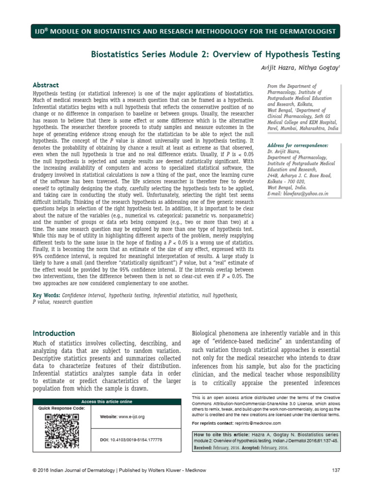 Biostatistics Series Module 2 Overview Of Hypothesis Testing