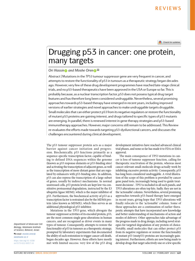 Drugging p53 in Cancer - One Protein, Many Targets | PDF | P53 | Apoptosis