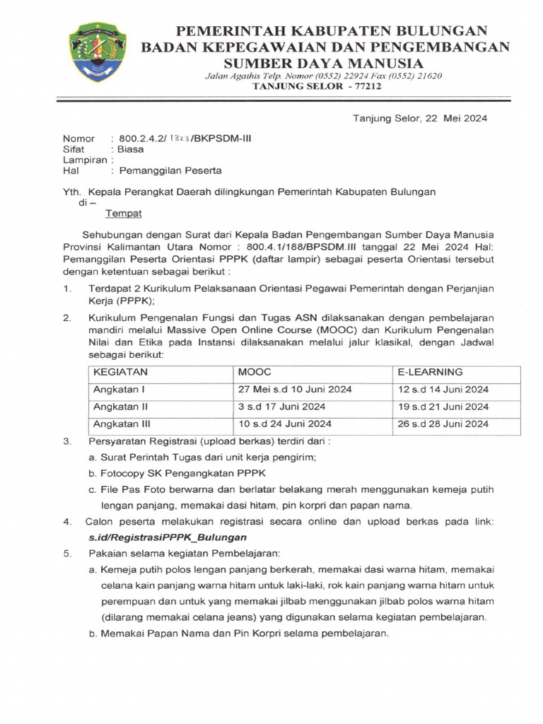 Pemanggilan Peserta Orientasi Angkatan I Kabupaten Bulungan | PDF