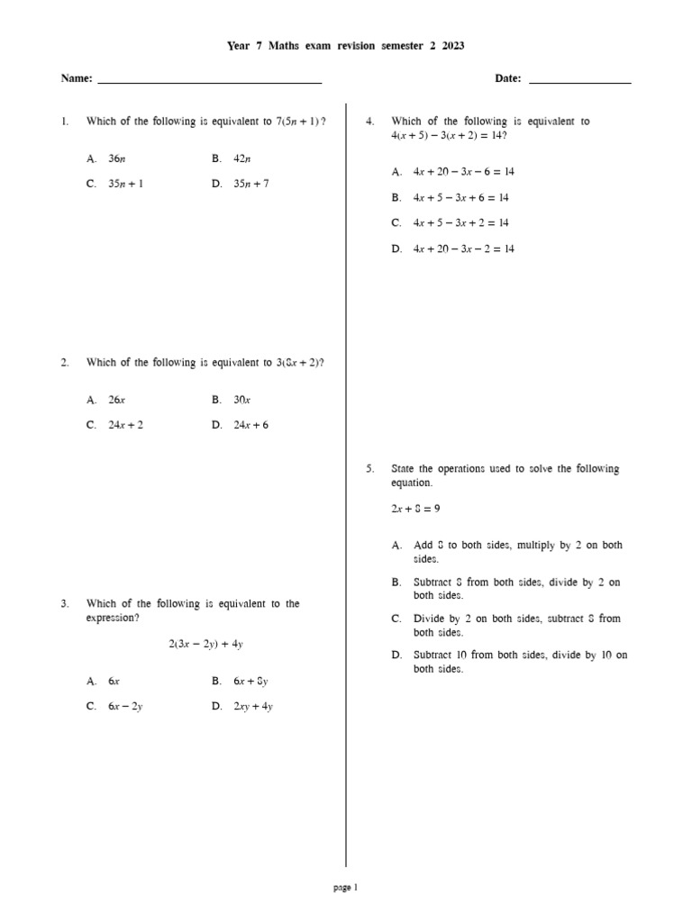 Year 7 Maths Exam Revision Semester 2 2023 | PDF | Area | Circle