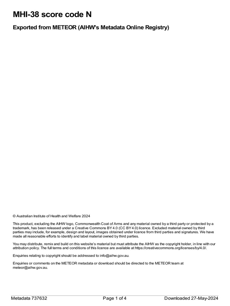 MHI-38 Score Code N: Exported From METEOR (AIHW's Metadata Online ...