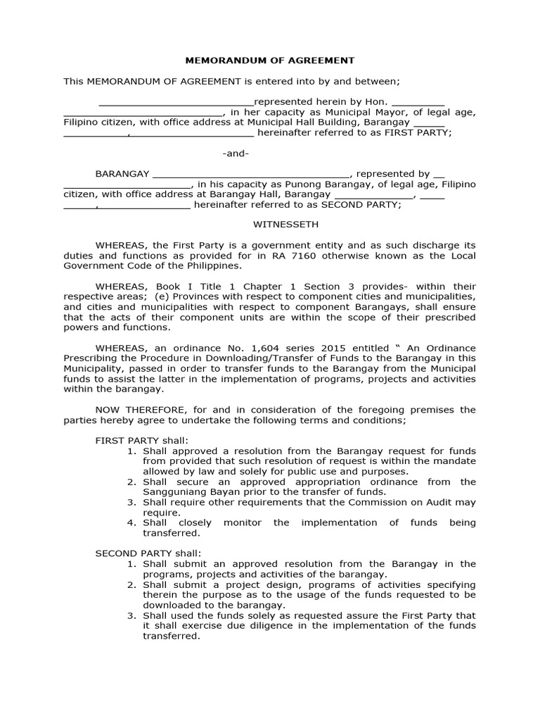 Barangay Fund Transfer Agreement | PDF | Government | Justice