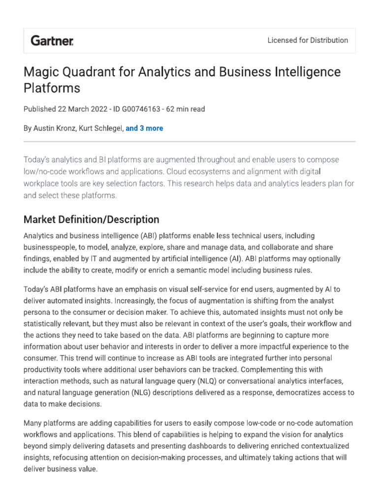Magic Quadrant For Analytics and Business Intelligence - Feb - 2022 | PDF