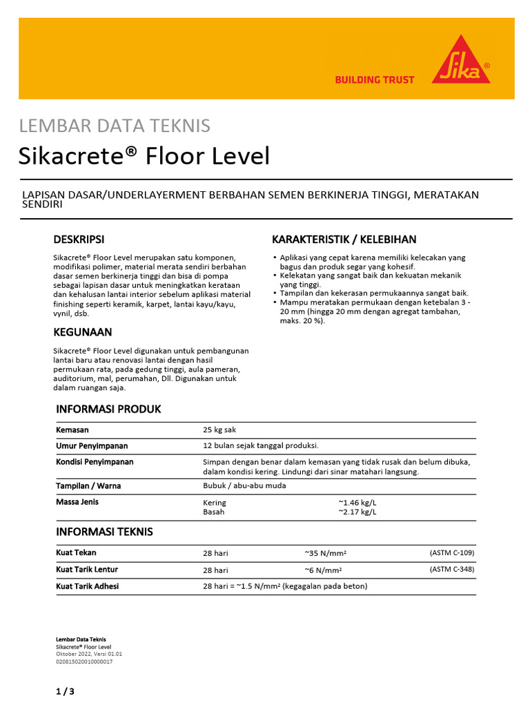 Lembar Data Teknis Sikacrete® Floor Level | PDF