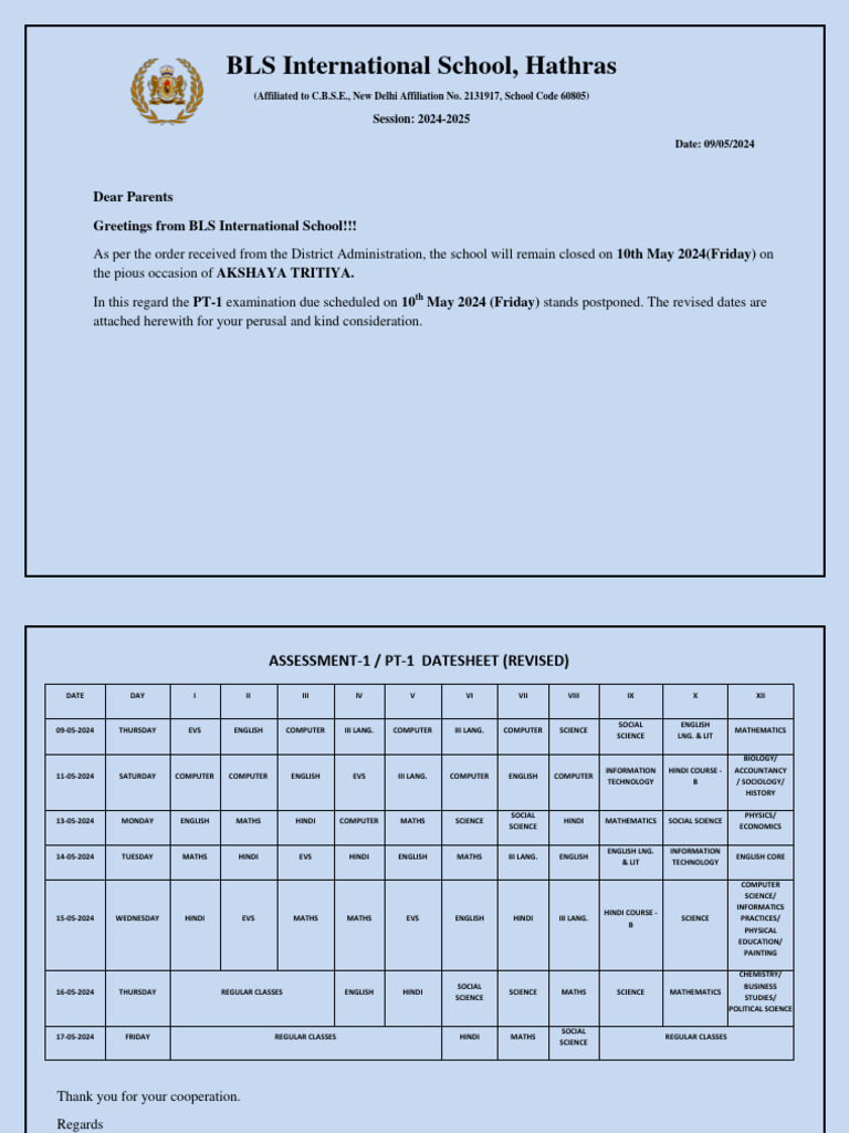 BLS International School Exam Schedule Update | PDF | Science
