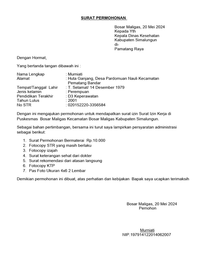 Permohonan Izin Kerja Puskesmas Bosar Maligas | PDF