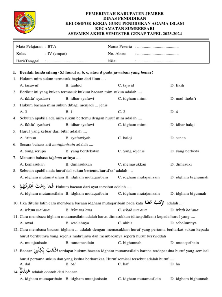 Soal BTA Kls IV (Smt.2) 2023-2024 | PDF