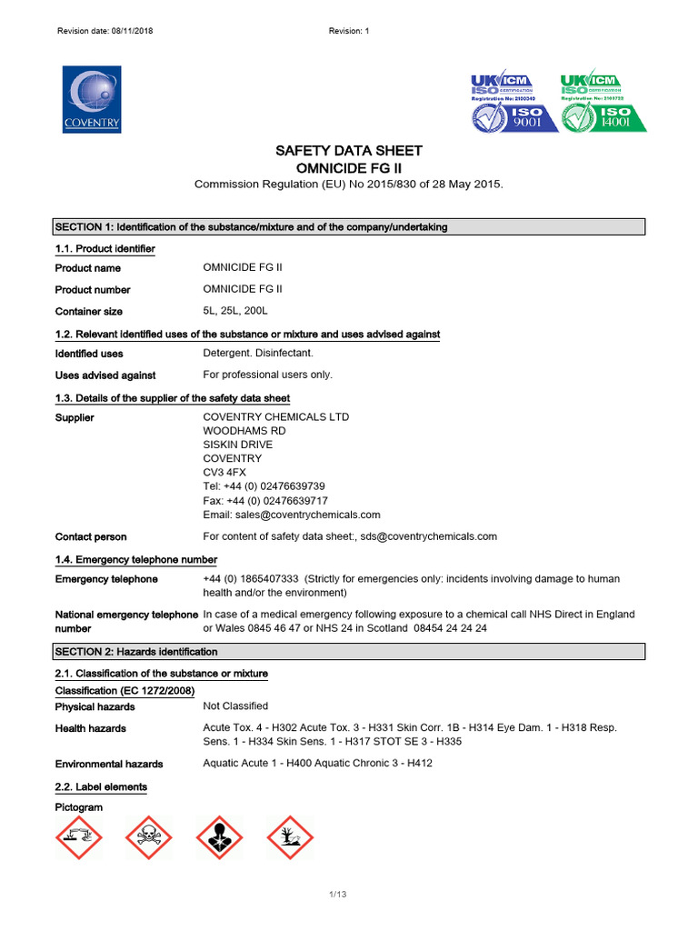 Omnicide FG II Safety Data Sheet | PDF | Toxicity | Firefighting