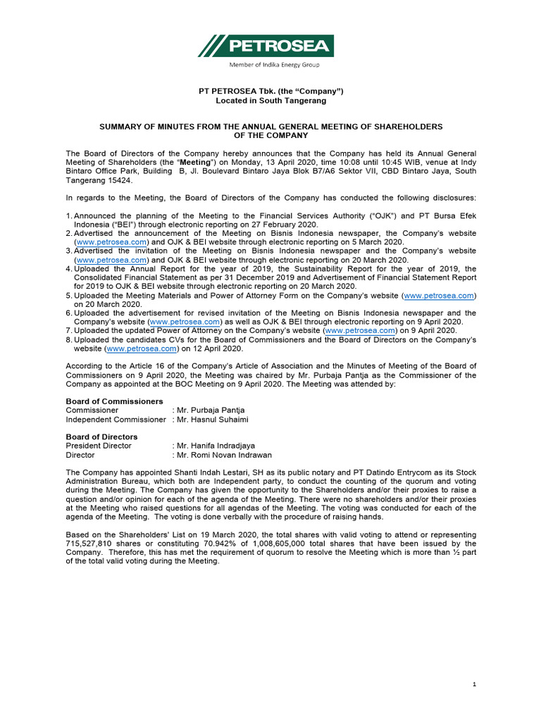 Petrosea AGM 2020: Key Resolutions | PDF | Dividend | Board Of Directors