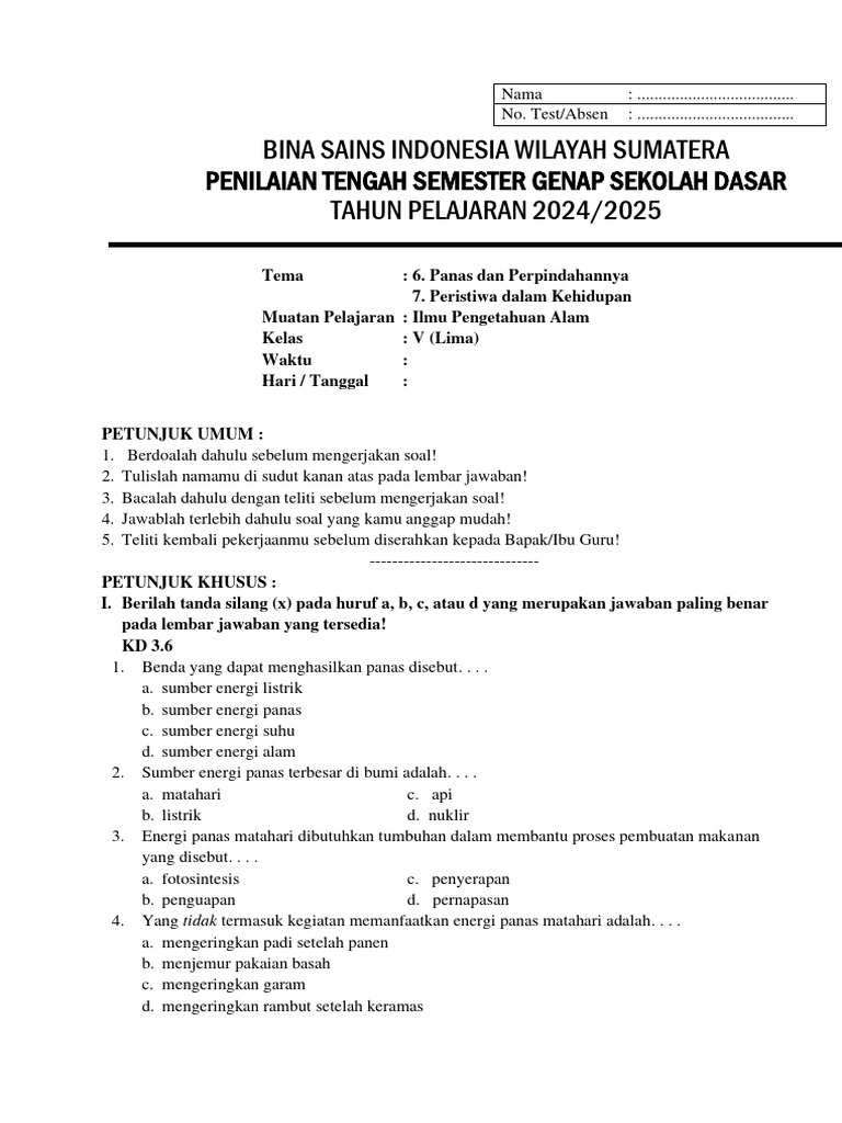 Soal Ipa PTS Kelas 5 Semester 2 K13 | PDF
