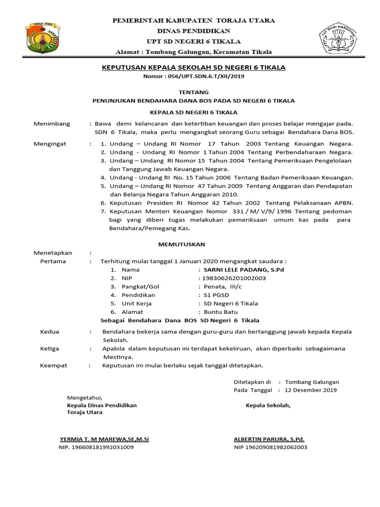 Penunjukan Bendahara Dana BOS SDN 6 Tikala | PDF