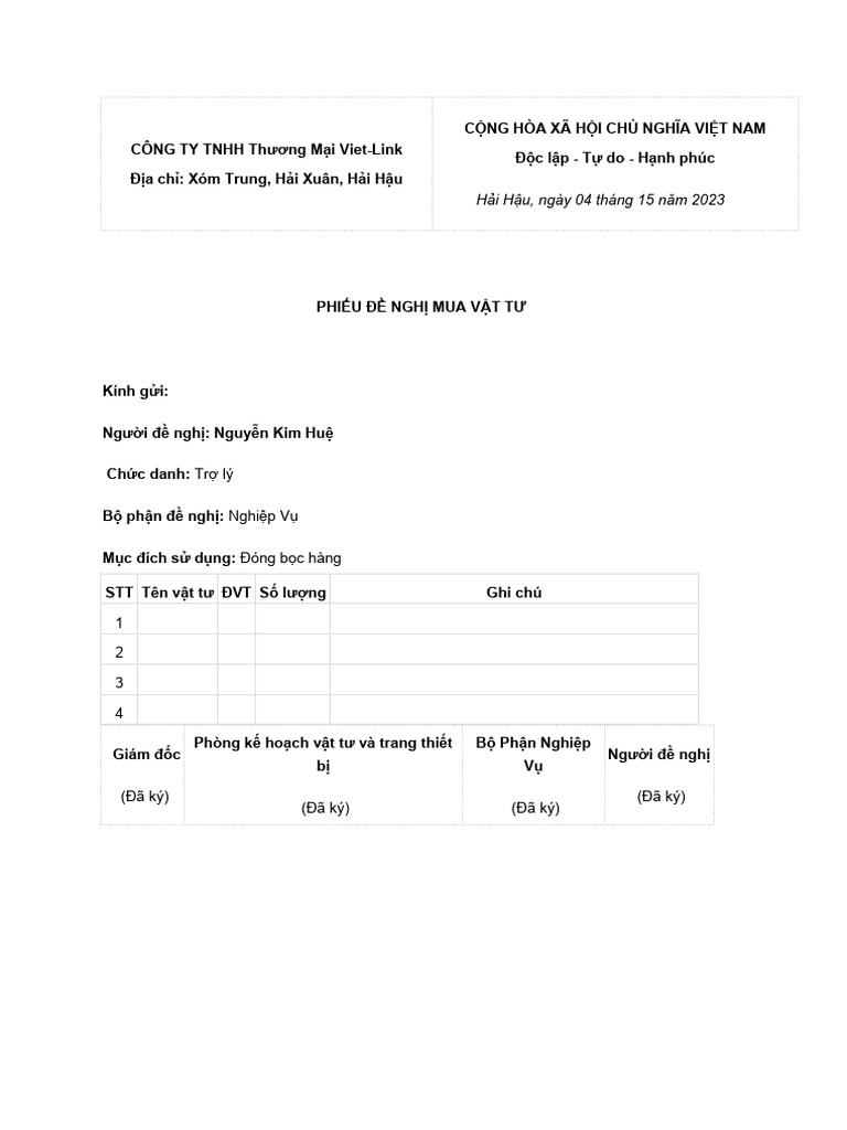 Mau Phieu de Nghi Mua Vat Tu | PDF