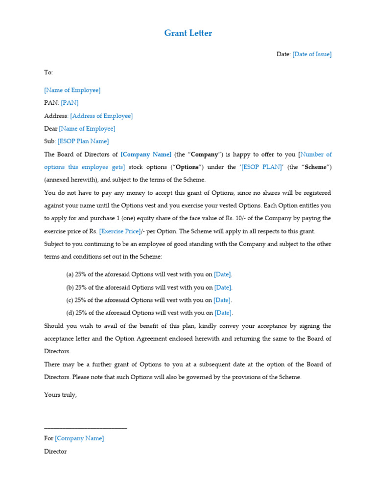 ESOP Grant Letter to Employee | PDF