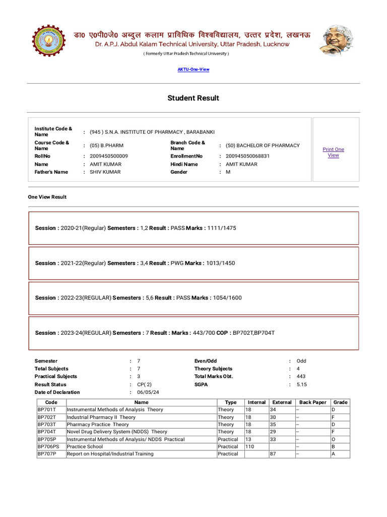 Student Result Overview - B.Pharm | PDF | Pharmacy | Pharmaceutical ...