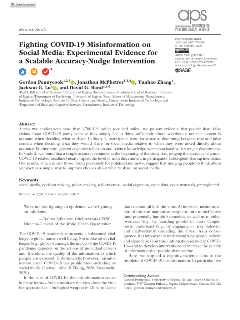 Fighting COVID-19 Misinformation On Social Media: Experimental Evidence ...