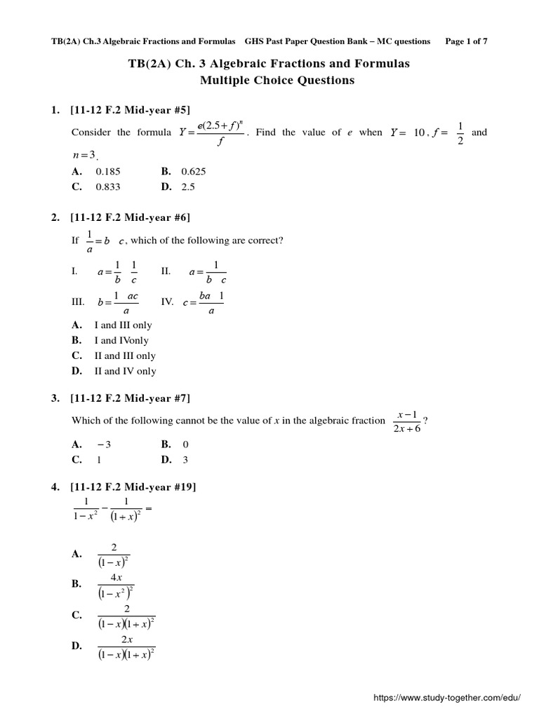 Good Hope School 11-16-2A Ch.3 Algebraic Fractions Formulas MC | PDF ...