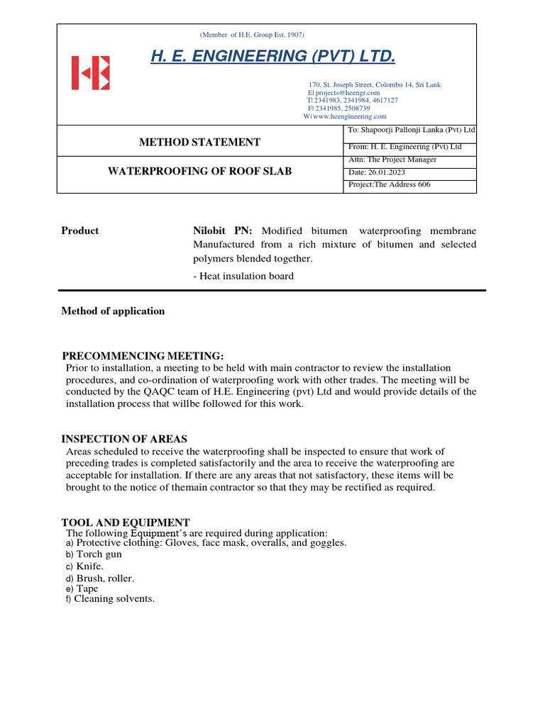 Waterproofing Method Statement Guide | PDF | Concrete | Roof