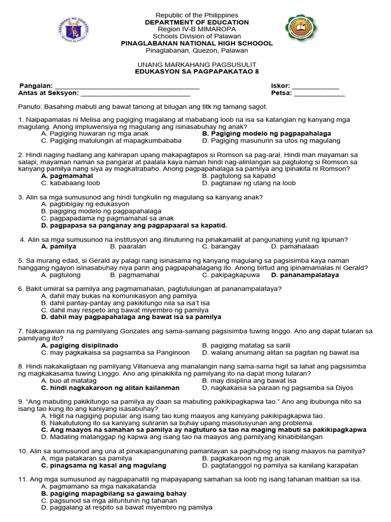 1ST Periodical Test Esp - Answer Key | PDF