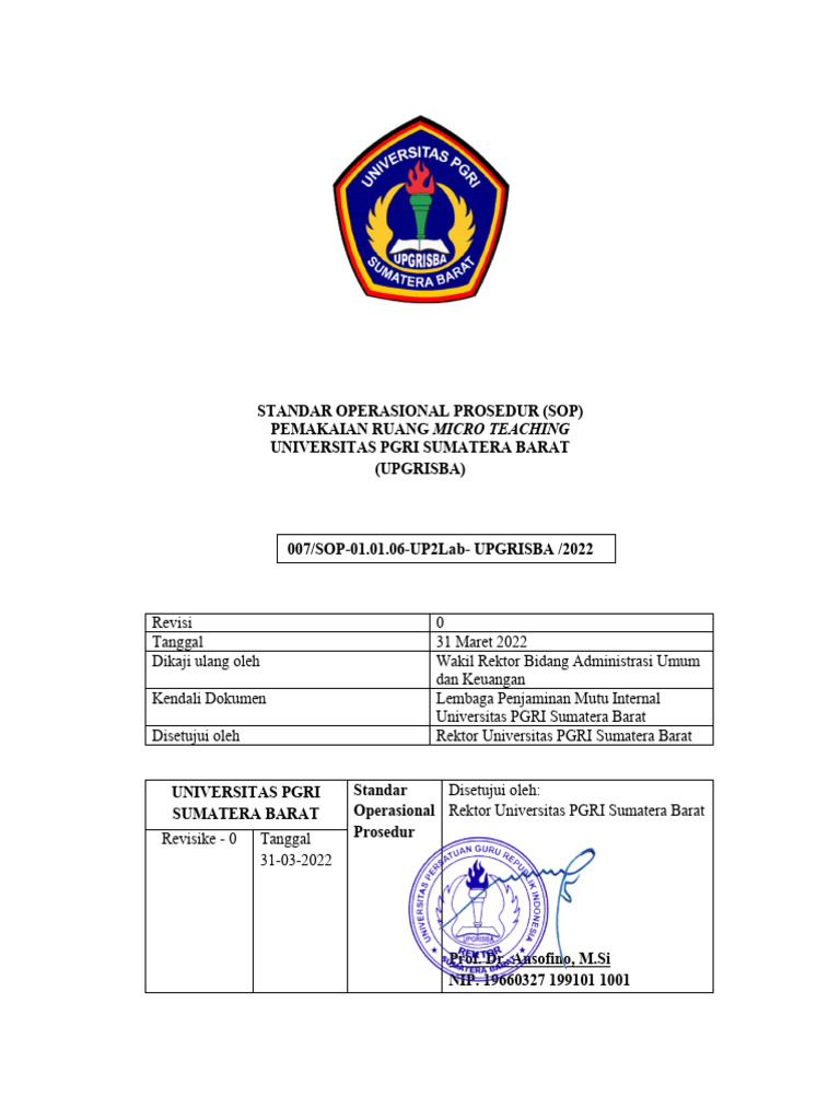 SOP Pemakaian Ruang Micro Teaching UPGRISBA | PDF | Sains & Matematika