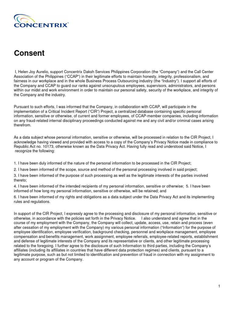 Consent for Data Processing in CIR Project | PDF | Employment | Privacy