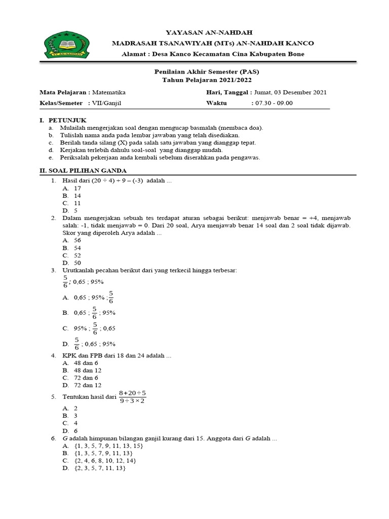 Soal PAS MTK KLS 7 (2021) | PDF