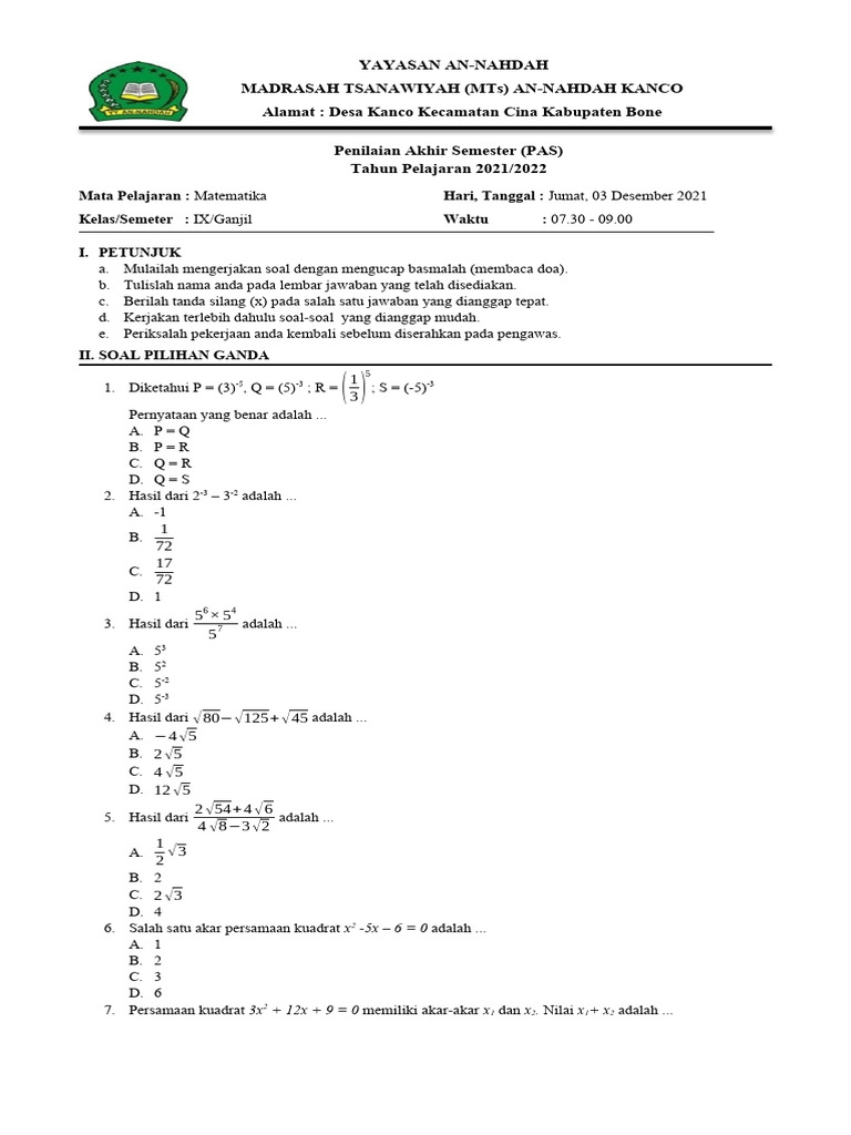 Soal Pas MTK KLS 9 (2021) | PDF
