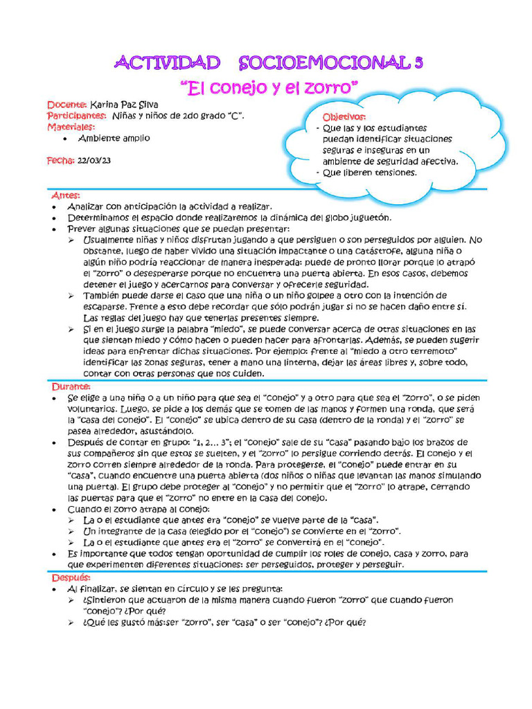 actividad socioemocional El conejo y el zorro | PDF