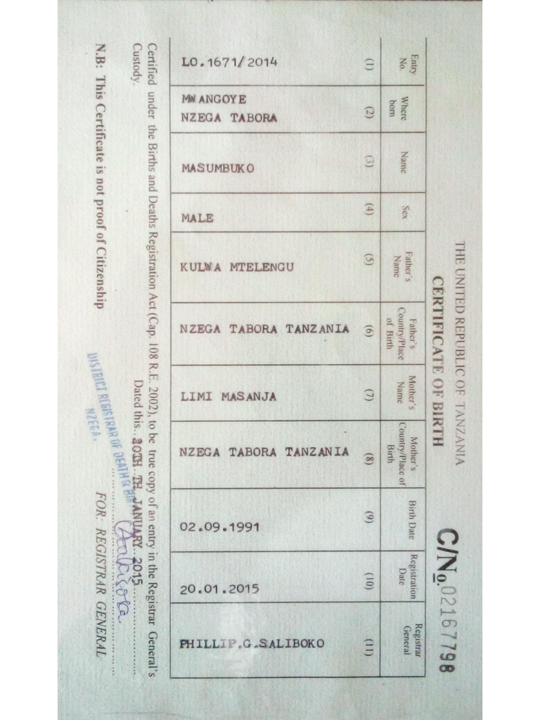 Cheti Cha Kuzaliwa | PDF