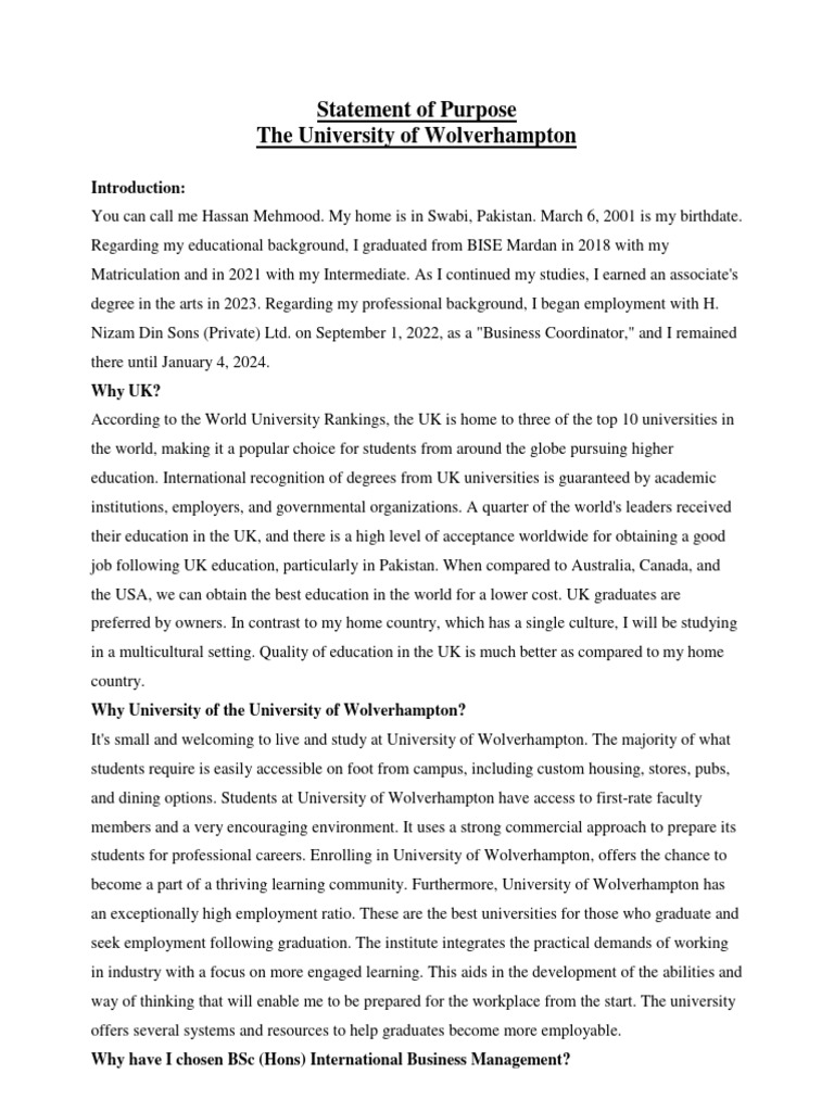 Hassan Mehmood - SOP University of Wolverhampton | PDF | University