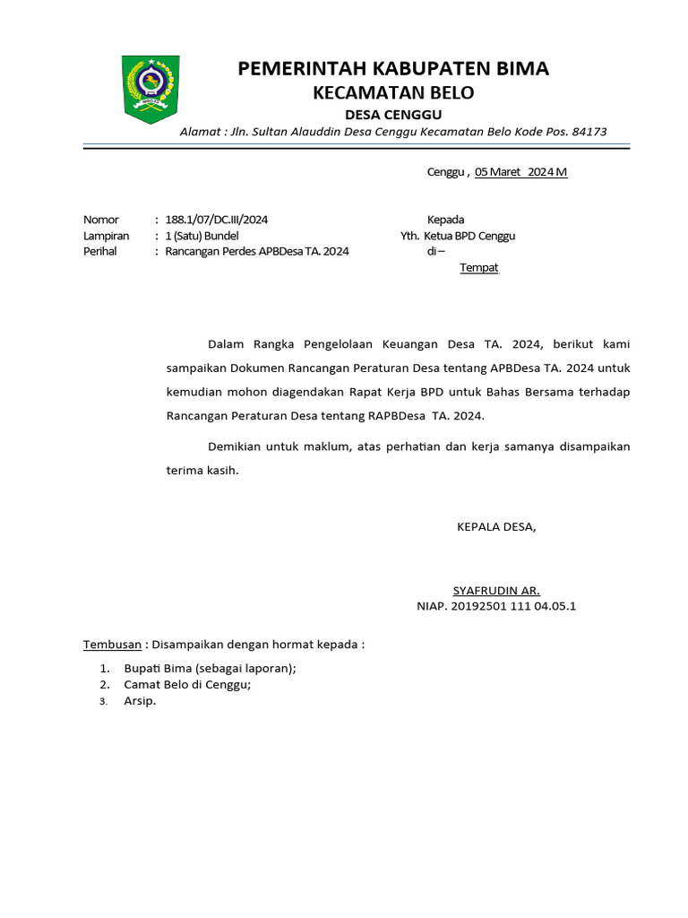 Contoh Surat Penyampaian APBDesa 2024 | PDF