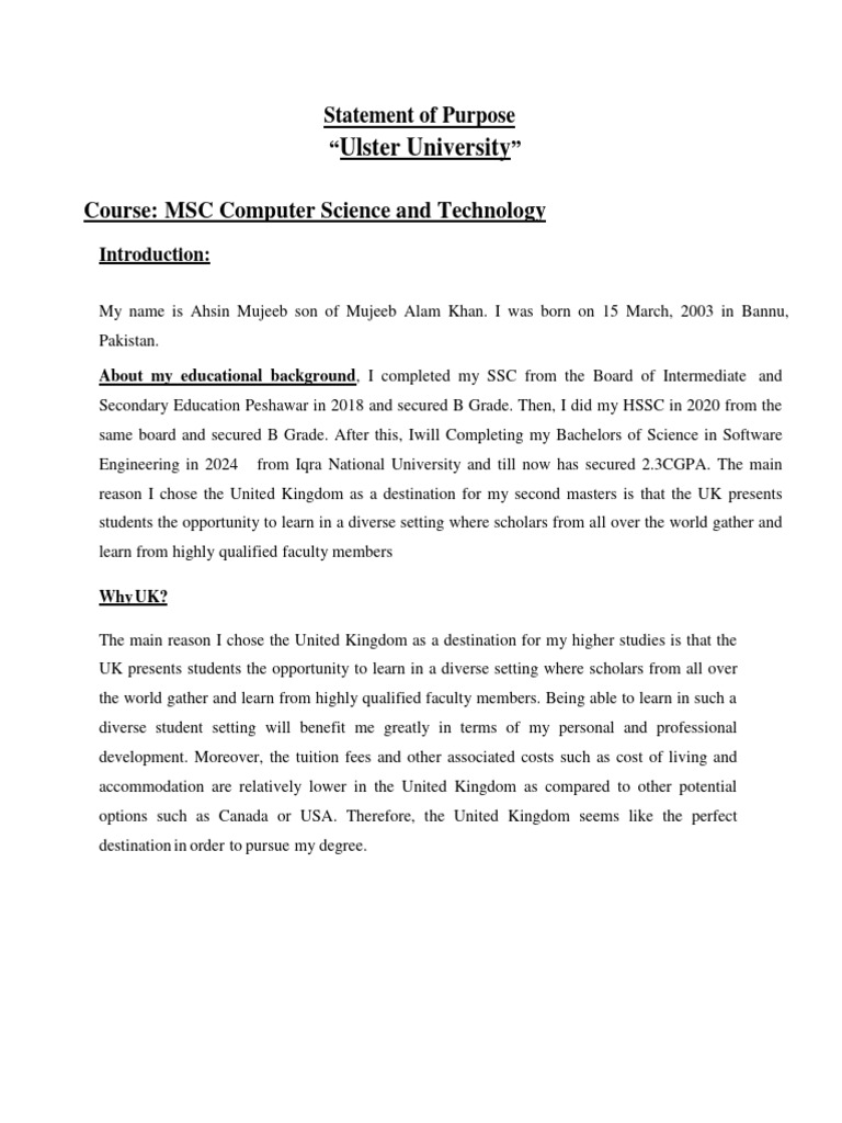 Ahsin Mujeeb SOP Ulster University (MSC computer science and technology) | PDF | Cost Of Living ...