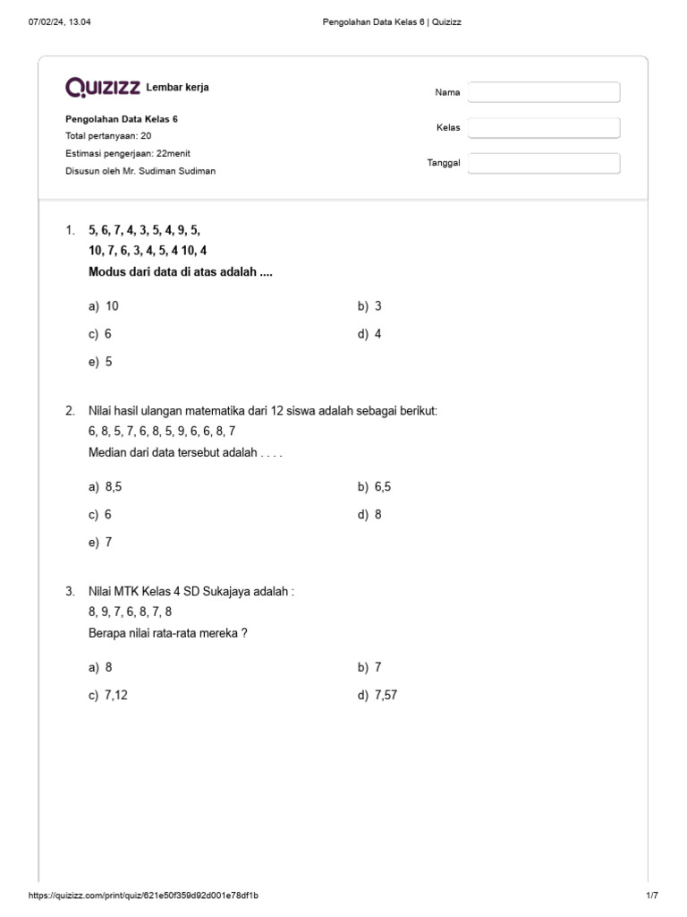 Pengolahan Data Kelas 6 - Quizizz 1 | PDF