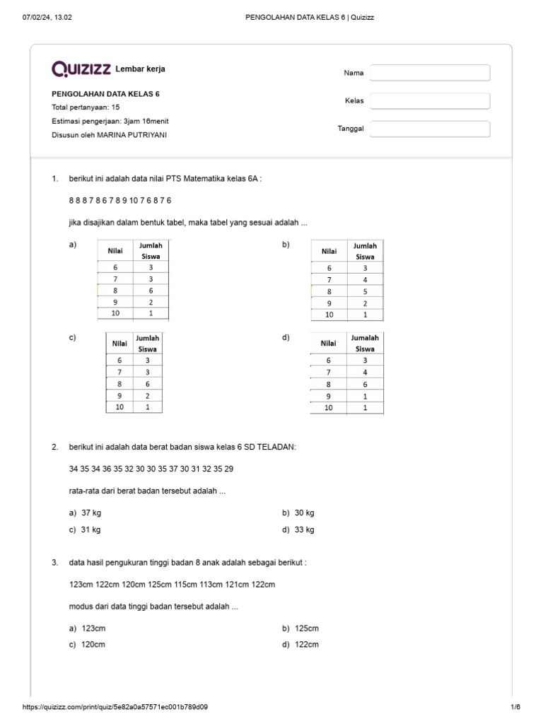 PENGOLAHAN DATA KELAS 6 - Quizizz | PDF