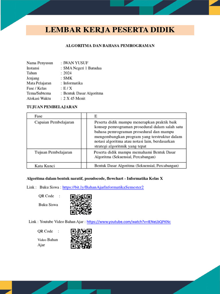 LKPD Algoritma dan Pemrograman Kelas 10 | PDF