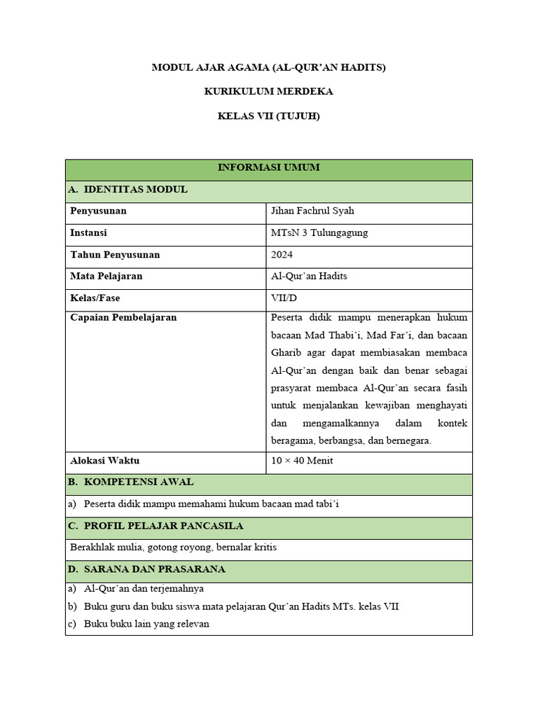 MODUL AJAR QURDIS 1 Revisi | PDF | Karier & Perkembangan