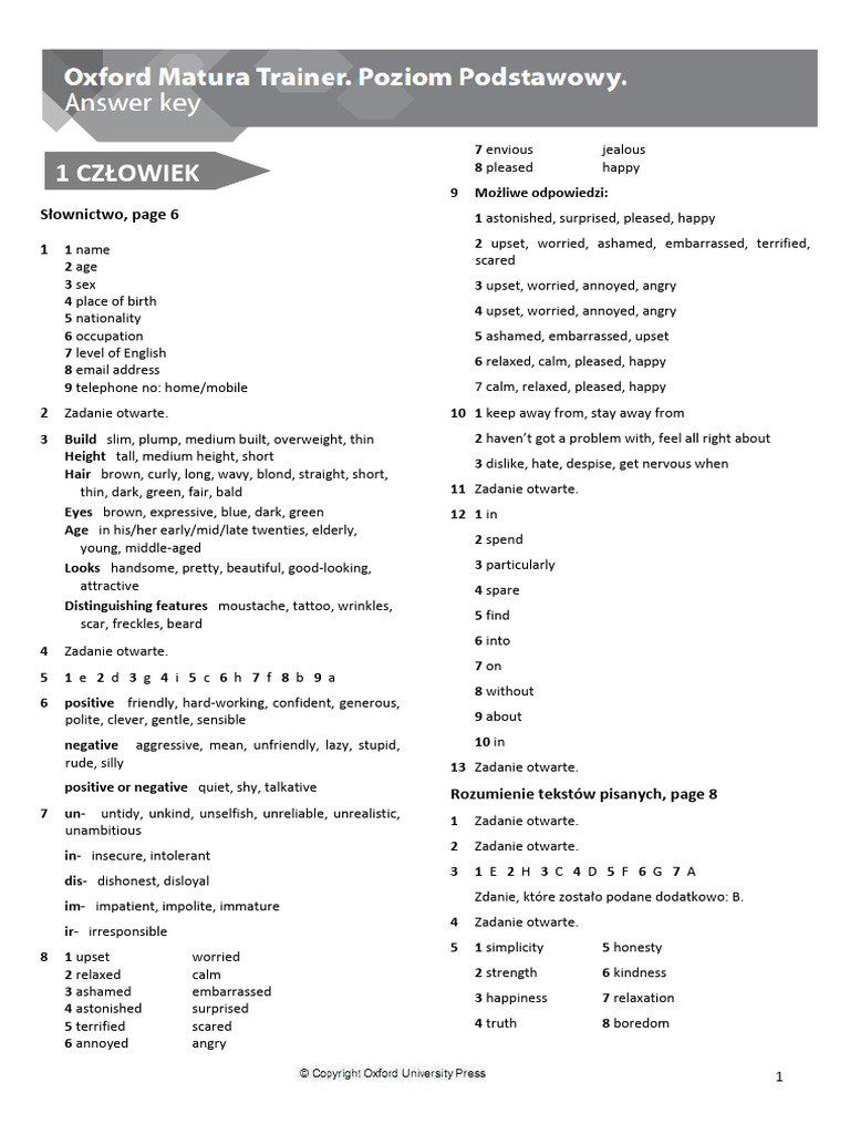 Oxford Matura Trainer Poziom Podstawowy Klucz | PDF | Foods