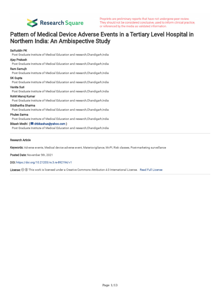 Pattern of Medical Device Adverse Events in A Tert | PDF | Medical ...