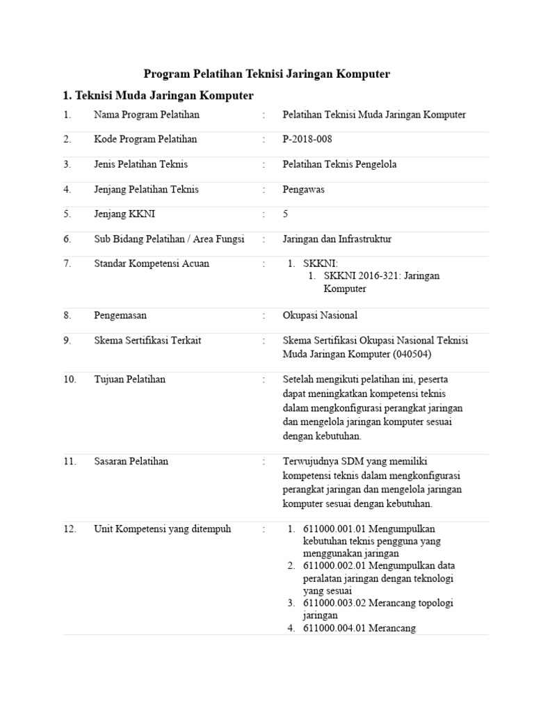 PROGRAM Pelatihan Teknisi Jaringan Komputer | PDF