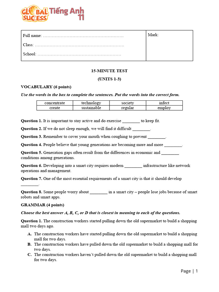 15-Minute Test 1 (Units 1-3) | Download Free PDF | Economies