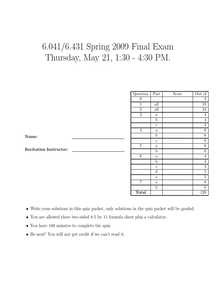 MIT 6.041/6.431 Spring 2009 Final Exam | PDF | Normal Distribution ...