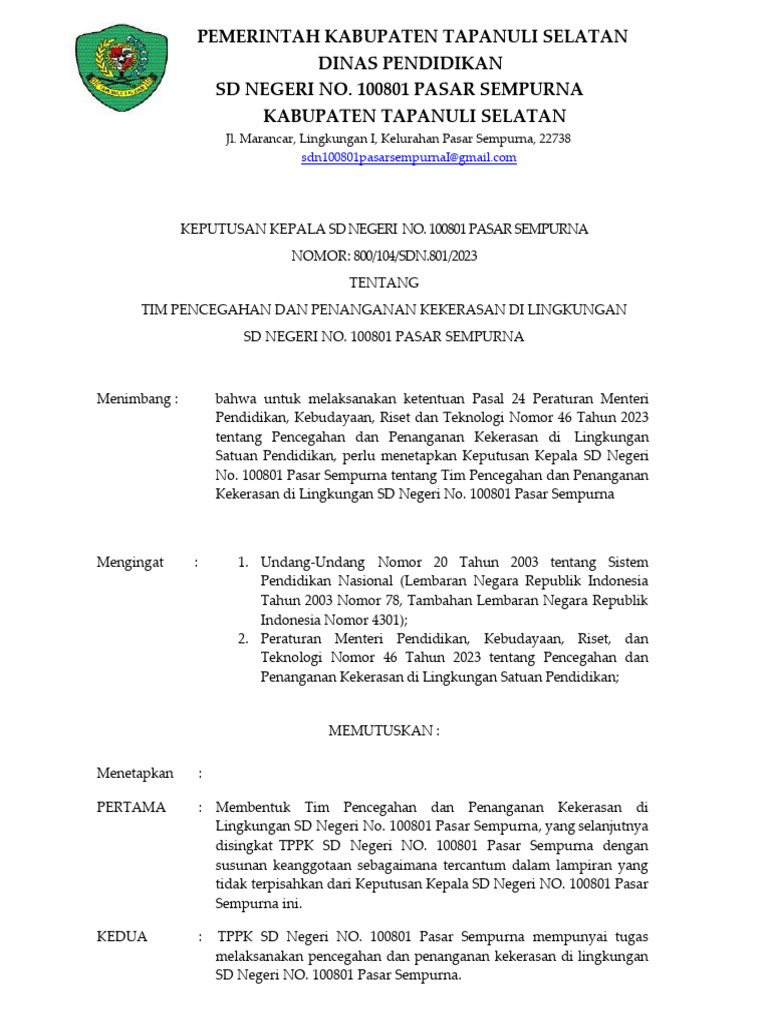 Lampiran 2 - Contoh SK Kepala Satuan Pendidikan Pembentukan TPPK | PDF