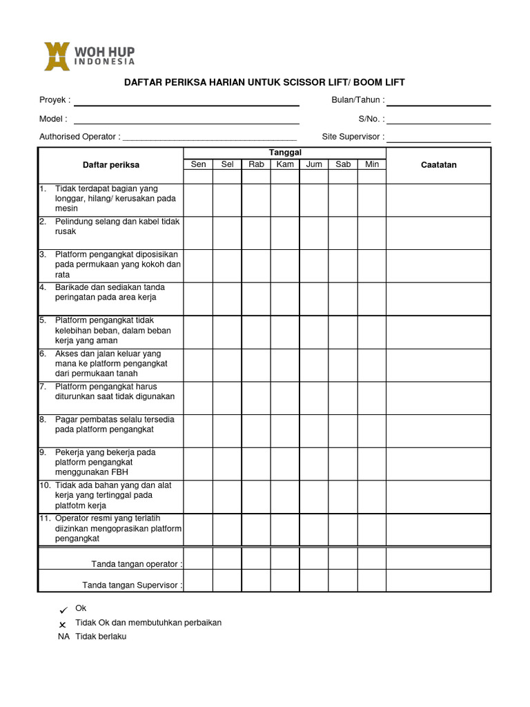 10.16 Daily Checklist for Scissor Lift & Boom Lift Indonesia | PDF