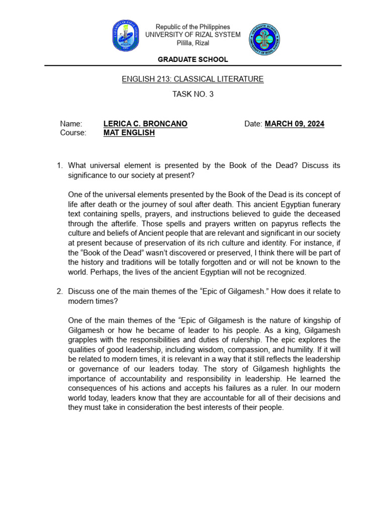 ENG213 - Task 3 For The Book of The Dead and Epic of Gilgamesh | PDF | Afterlife