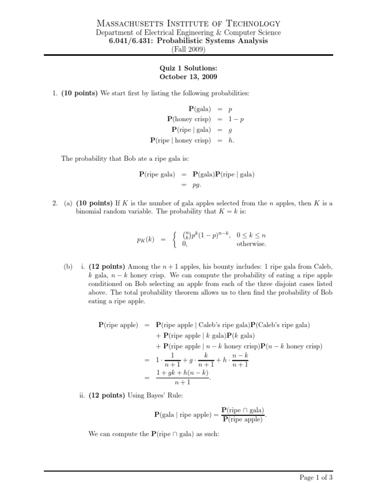 Quiz01 f09 Sol | PDF | Probability Theory | Expected Value
