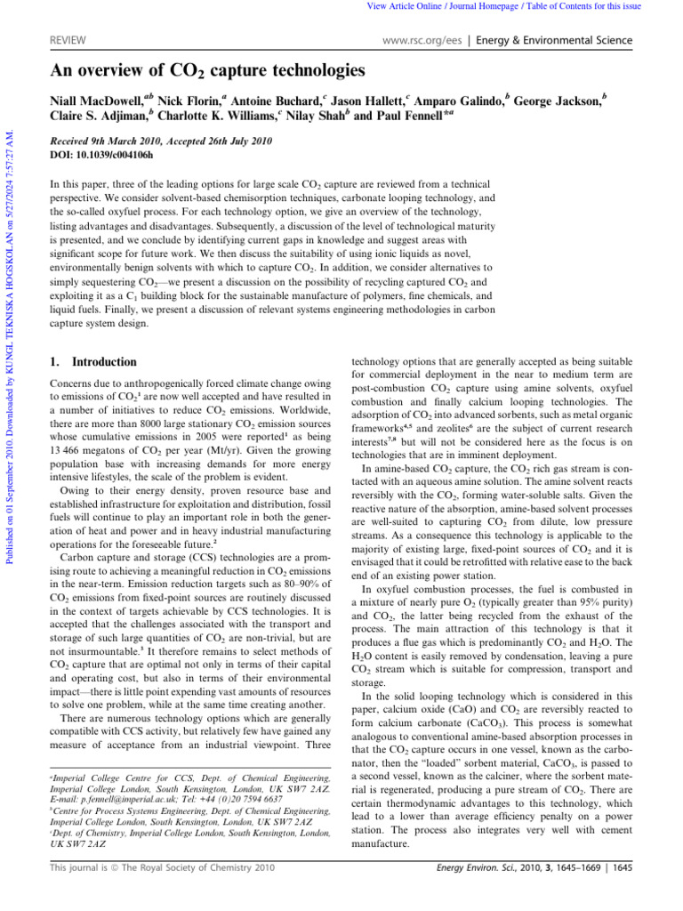 An Overview of CO Capture Technologies | PDF | Carbon Capture And ...