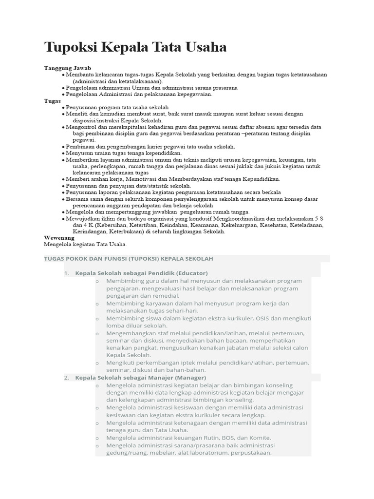 Tupoksi Kepala Tata Usaha | PDF