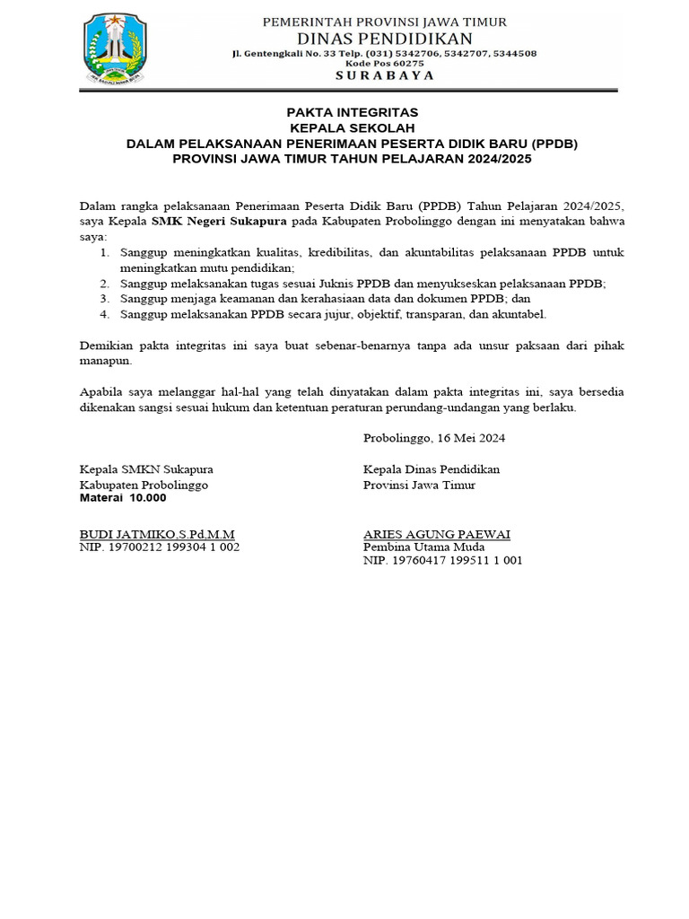 001-PAKTA INTEGRITAS PPDB 2024-2025 - Kepala Sekolah 16-5-2024 | PDF