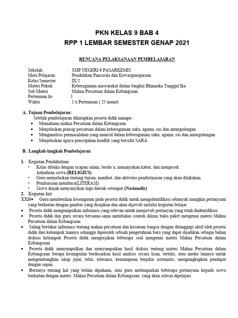 RPP PKN Kelas 9 Semester 2 Keberagaman | PDF